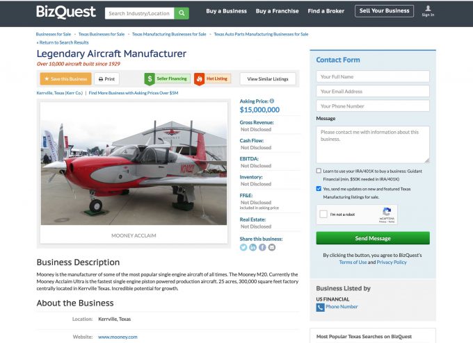 Mooney aircraft company up for sale? : : FLYER